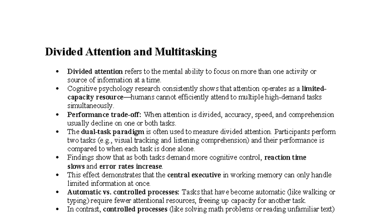 Cognitive Psychology: Divided Attention & Multitasking Notes - Studocu
