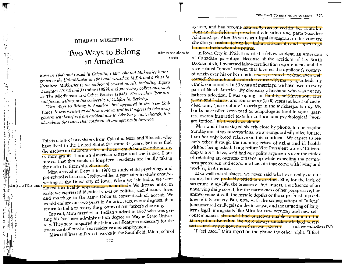 Mukherjee - Two Ways to Belong in America Analysis - Studocu