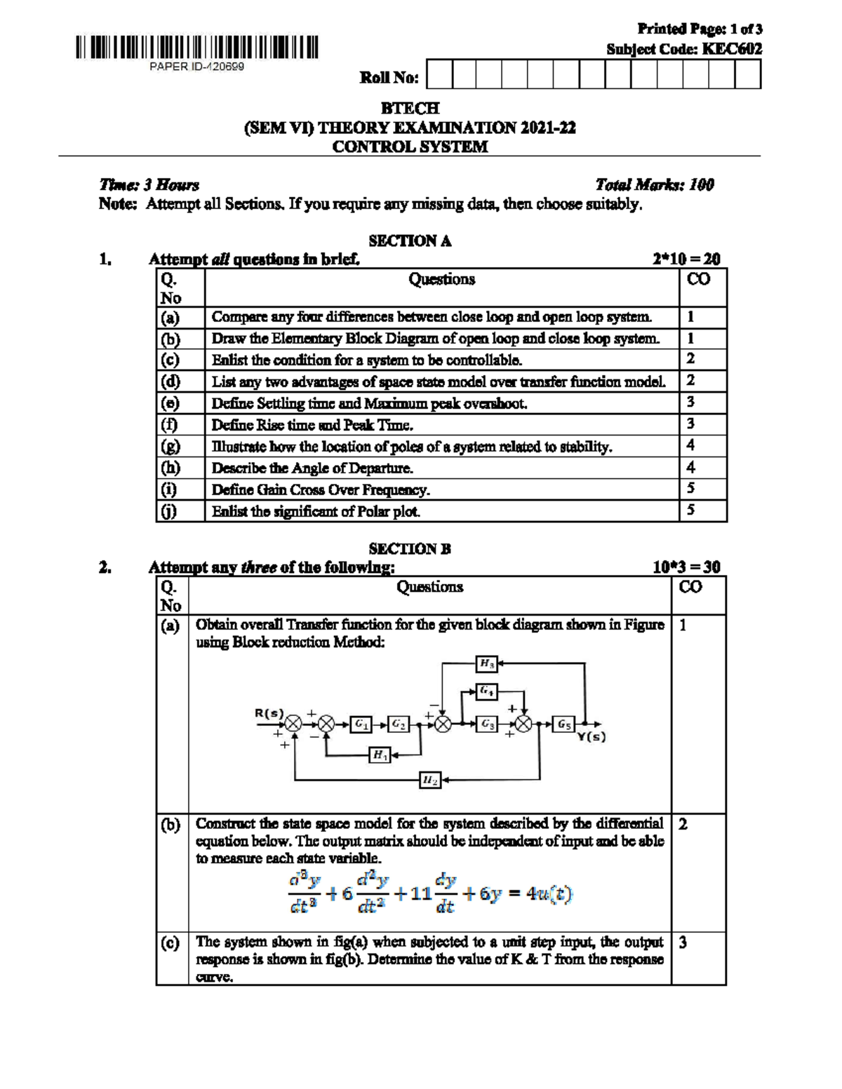 KEC602 Control System Theory Exam Paper 2021-22 - Studocu