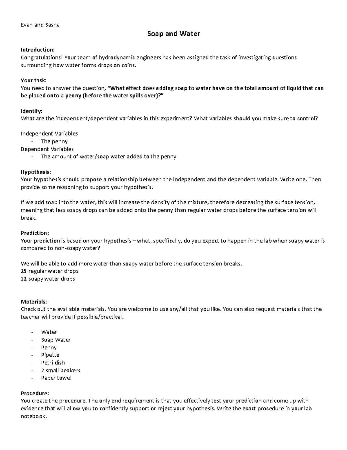 AP Hydrodynamics Lab: Soap vs. Water Drop Effect on Penny - Studocu