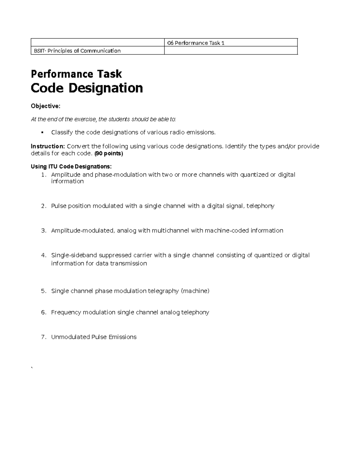 BSIT-POC 06 Performance Task 1: Radio Emission Code Designation - Studocu