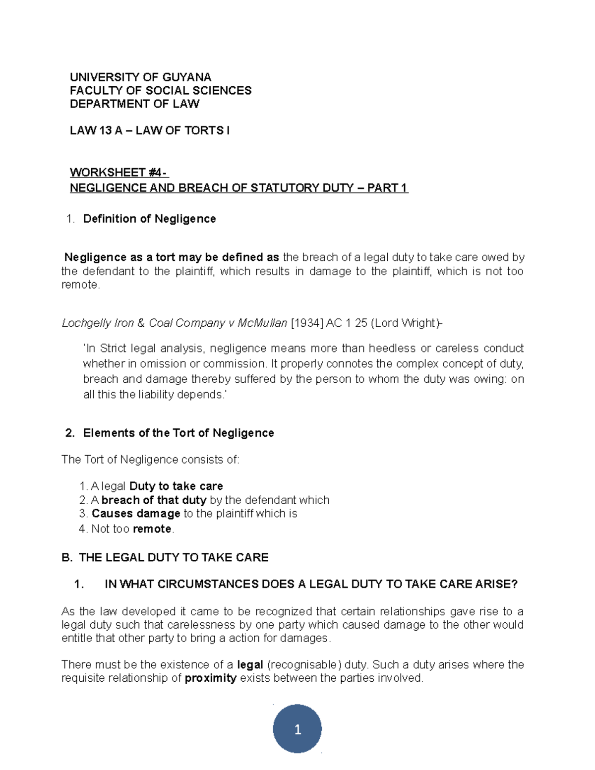 Negligence and Breach of Statutory Duty - LAW 13 A Worksheet 4 - Studocu