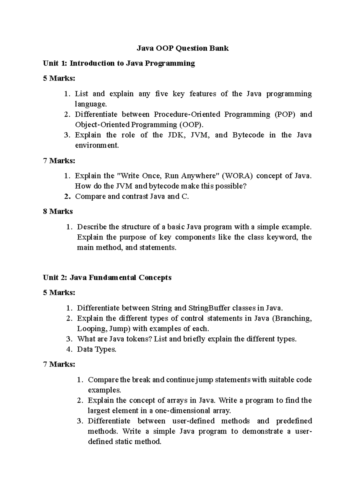 Java OOP Question Bank (CS101) - Units 1 to 8 Overview - Studocu