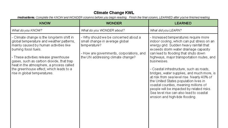 Climate Change KWL: Know, Wonder, Learn Framework - Studocu