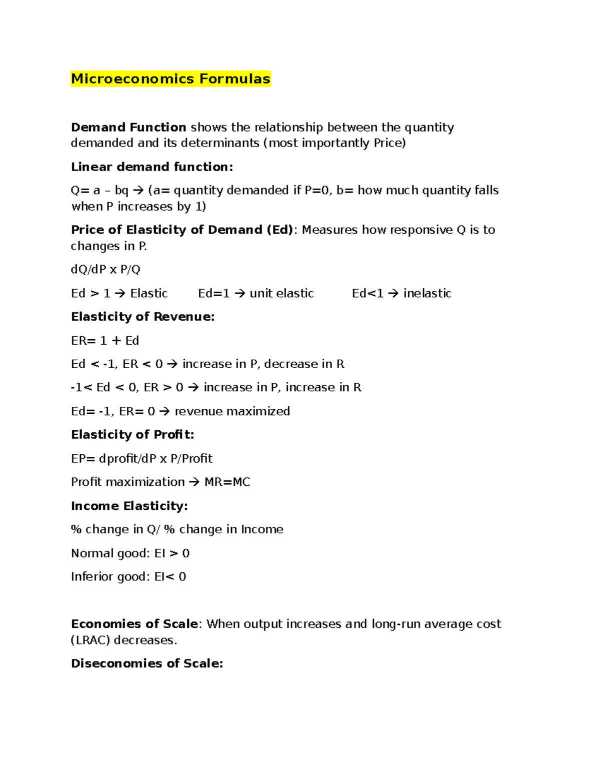 Microeconomics Formulas: Demand Function & Elasticity Concepts - Studocu