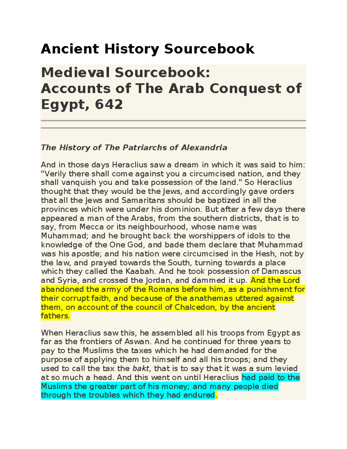 Ancient History Sourcebook: Arab Conquest of Egypt, 642 CE Accounts ...