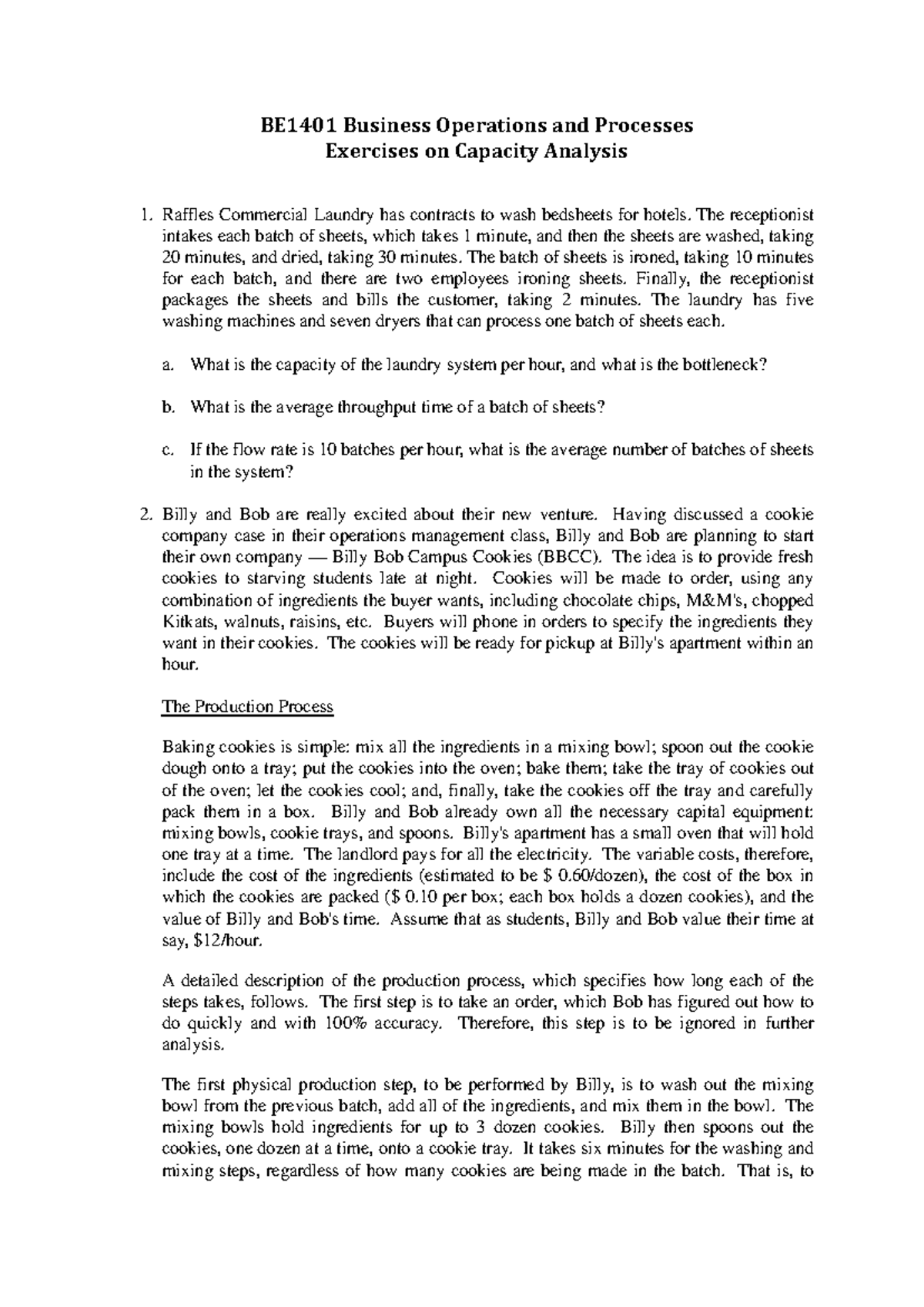 BE1401 Business Operations Exercises: Capacity Analysis & Cookie Production - Studocu