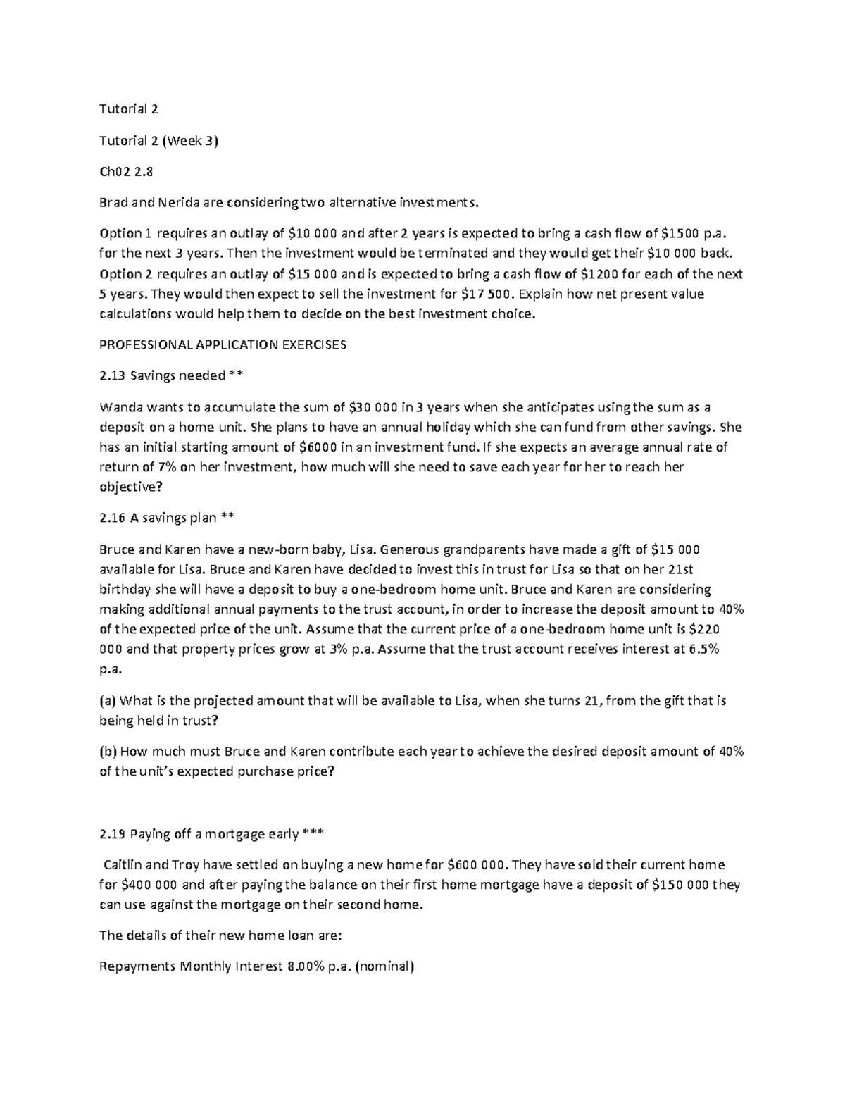 Tutorial 2 Questions and Solutions for Week 3 FM102 - Studocu