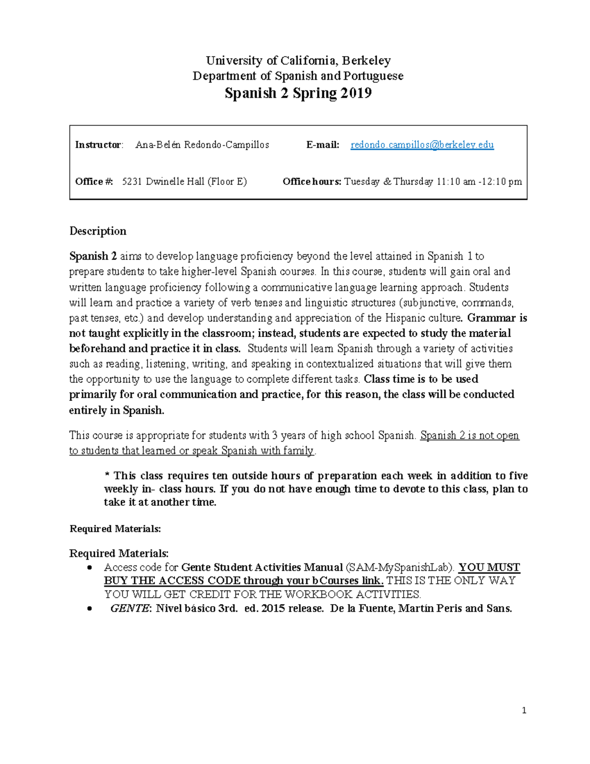 Spanish 2 Syllabus Spring 2019 - Warning: TT: undefined function: 32 ...