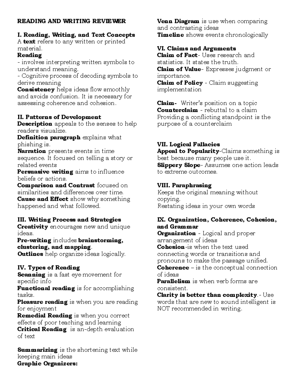 Reading and Writing Reviewer I: Concepts and Strategies - Studocu