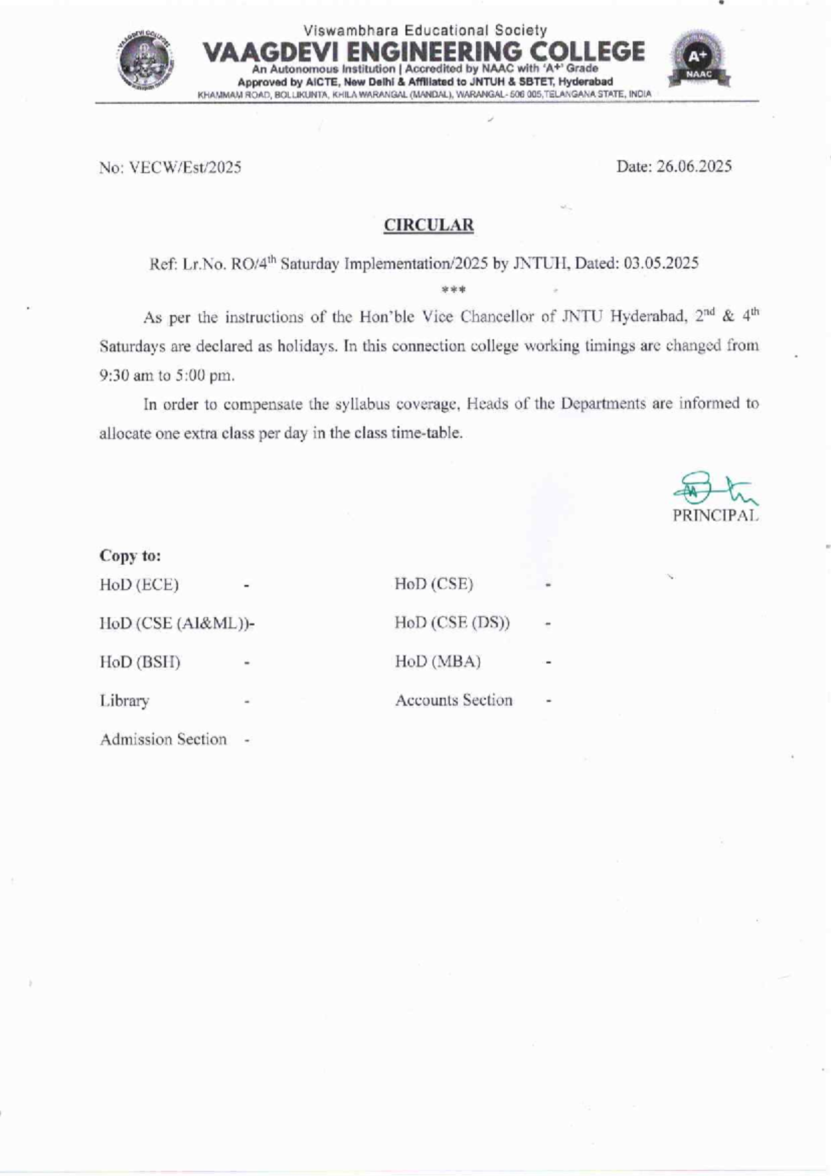 Circular on Revised College Timings and Holidays - JNTUH - Studocu