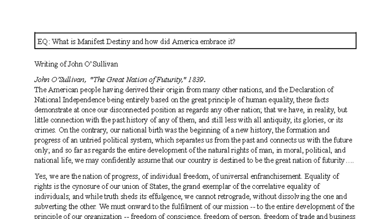 EQ: Understanding Manifest Destiny in John John’s 1839 Writing - Studocu