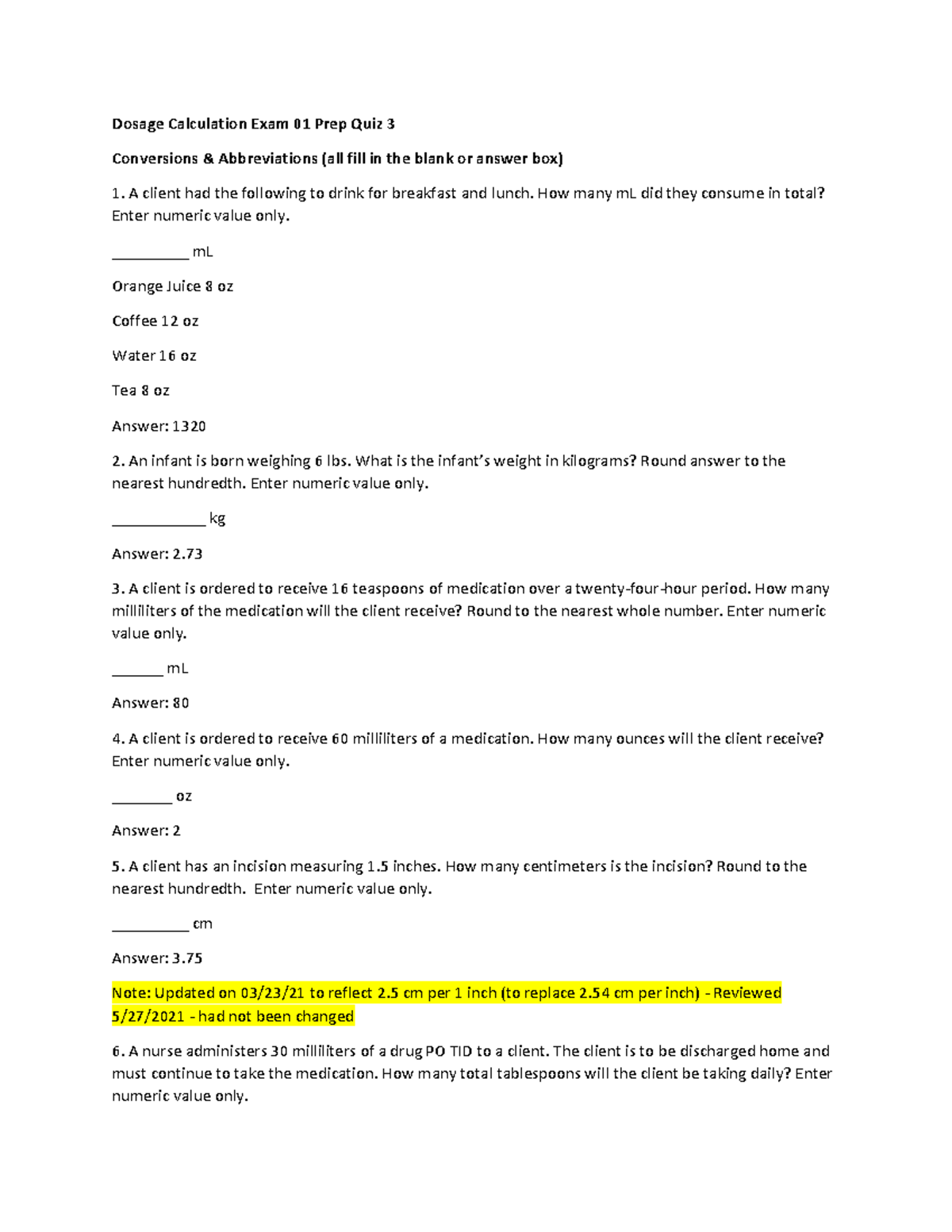 Dosage Calculation Exam 01 Prep Quiz 3: Key Concepts & Exercises - Studocu