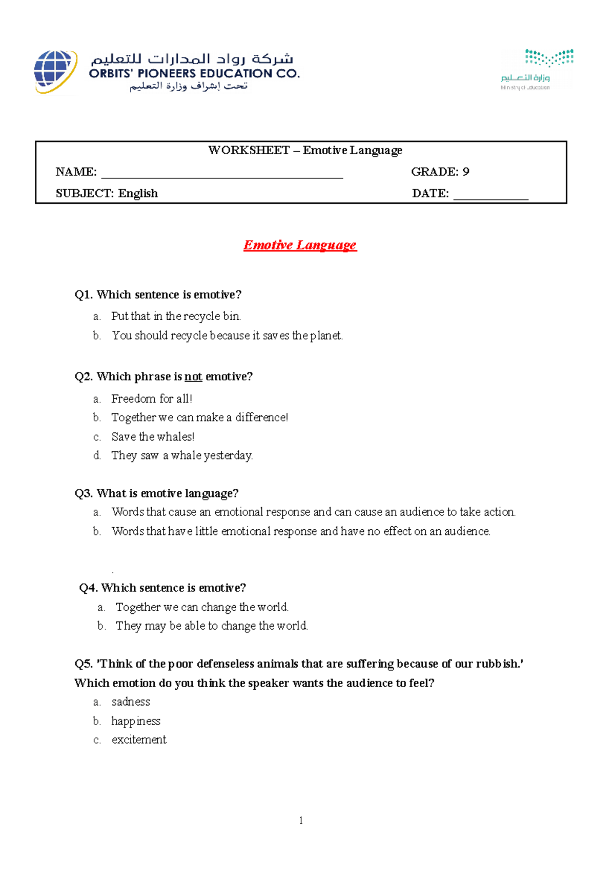 Grade 9 English: Emotive Language Worksheet - Studocu