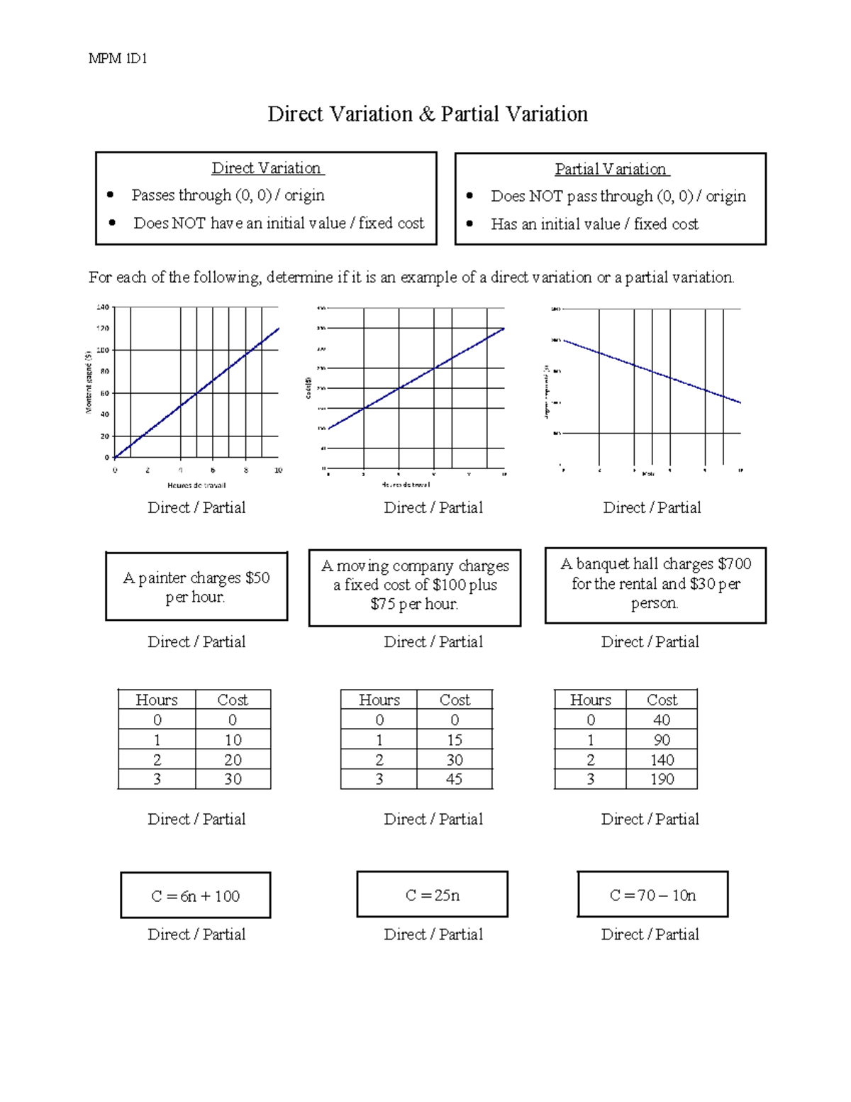 MATH101 - Direct vs Partial Variation Practice Questions - Studocu