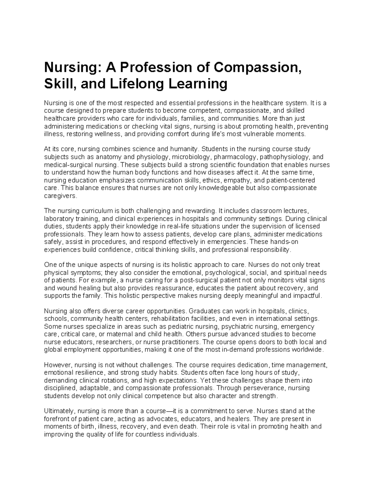 NUR 101: Essay on the Essence of Nursing as a Compassionate Profession ...