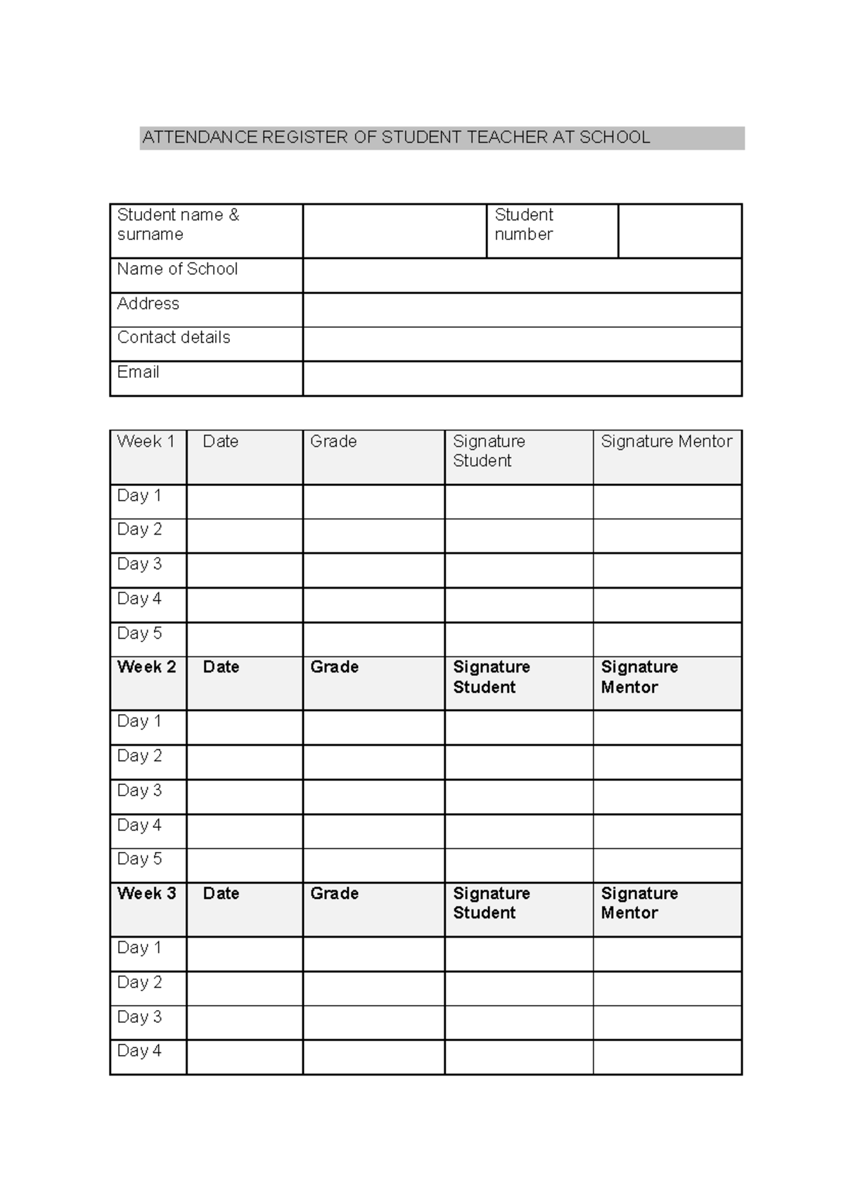 Attendance Register for Student Teacher - 77A452697413875537973 - Studocu