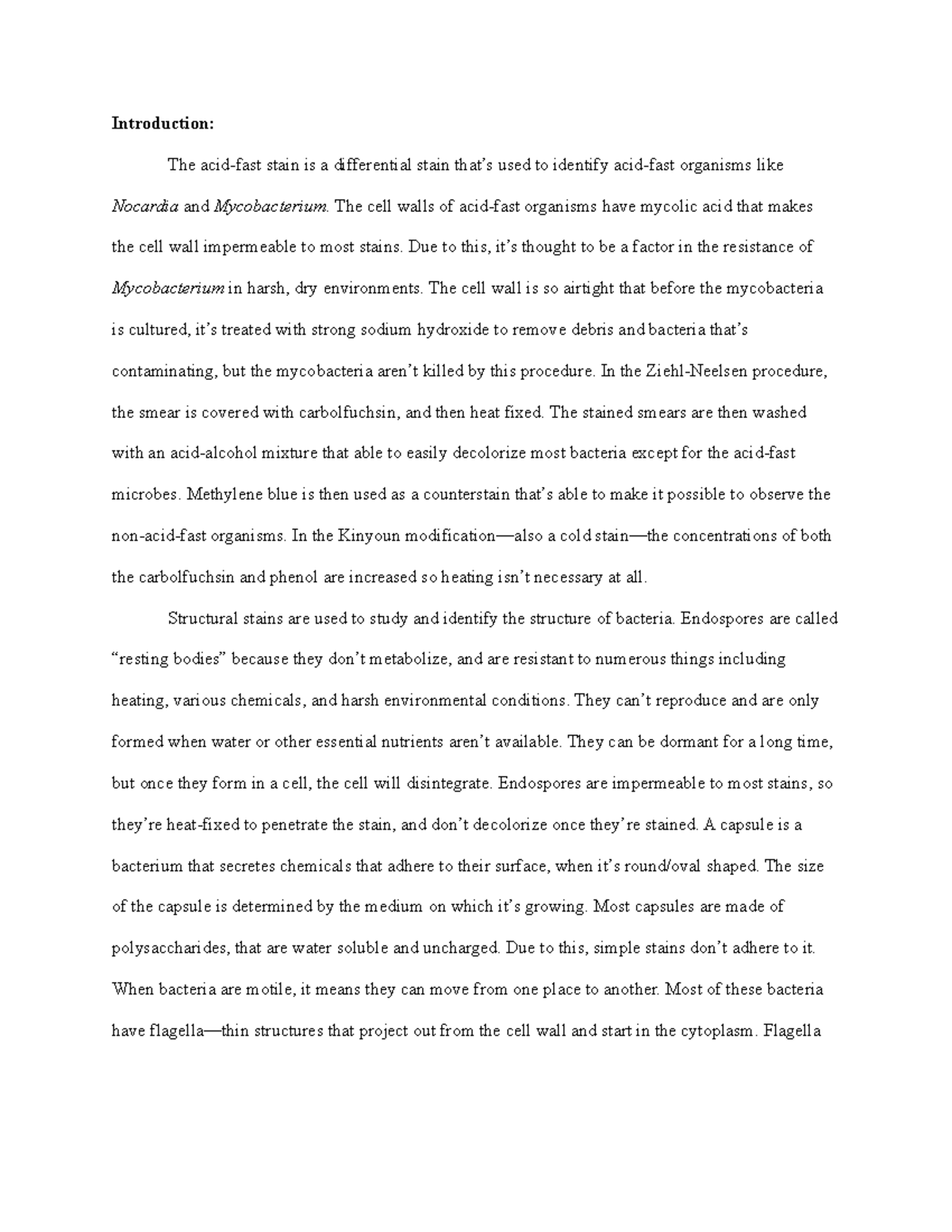 Lab 4 - Lab Report on Acid-Fast Stain, Structural Stain, and Special ...