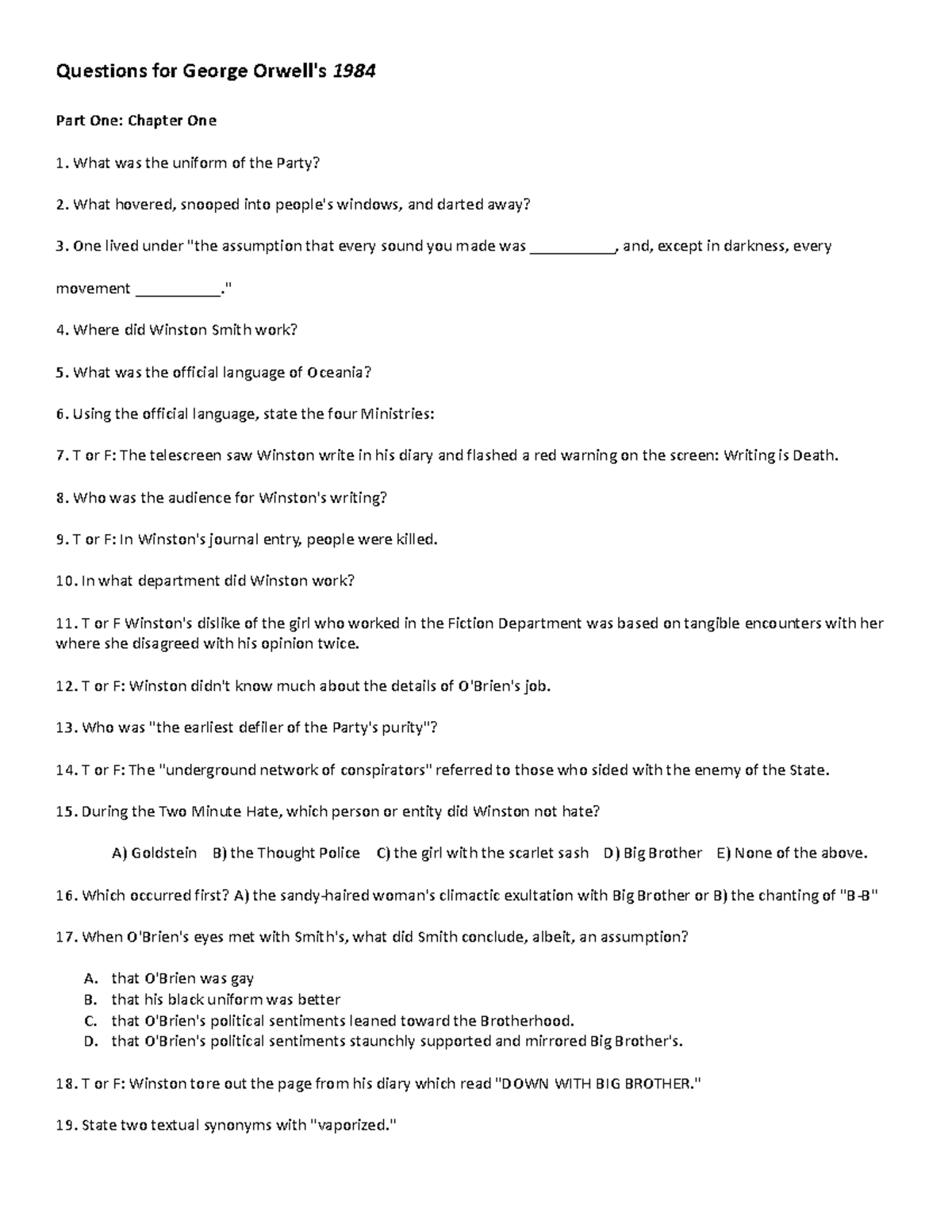 1984 Part One Study Guide - Questions for George Orwell's 1984 Part One ...