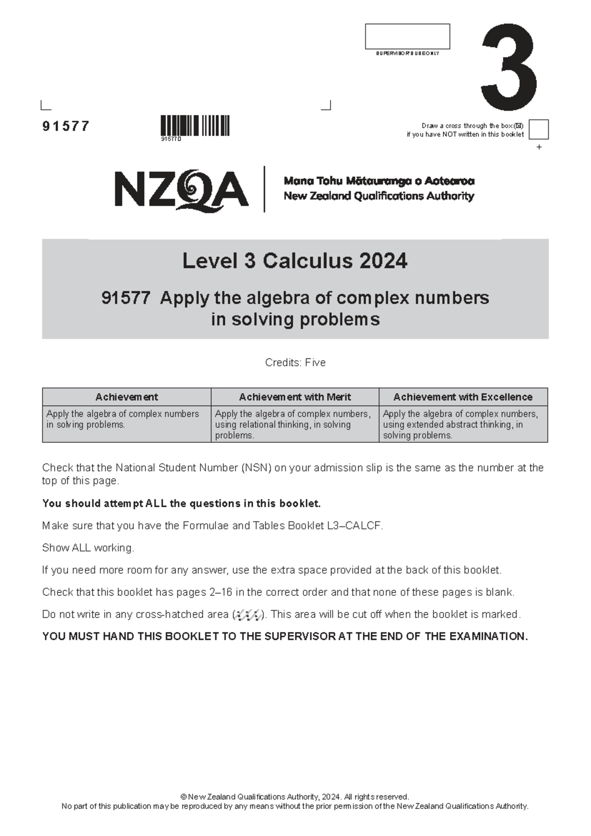 Calculus 91577 Level 3 Exam 2024: Complex Numbers Problems - Studocu