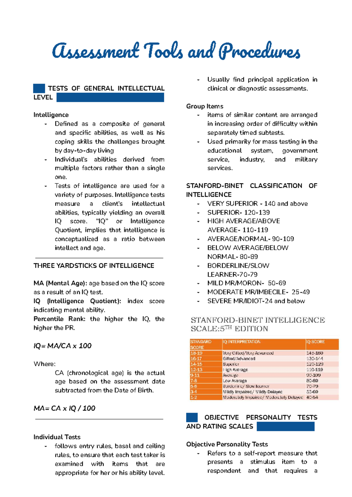 Psych Assessment: Tools & Procedures for Intelligence Testing - Studocu