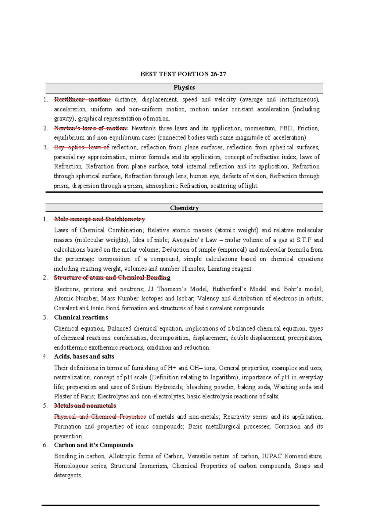 AY26 27 Best Test Portions: Physics, Chemistry & Math Concepts - Studocu