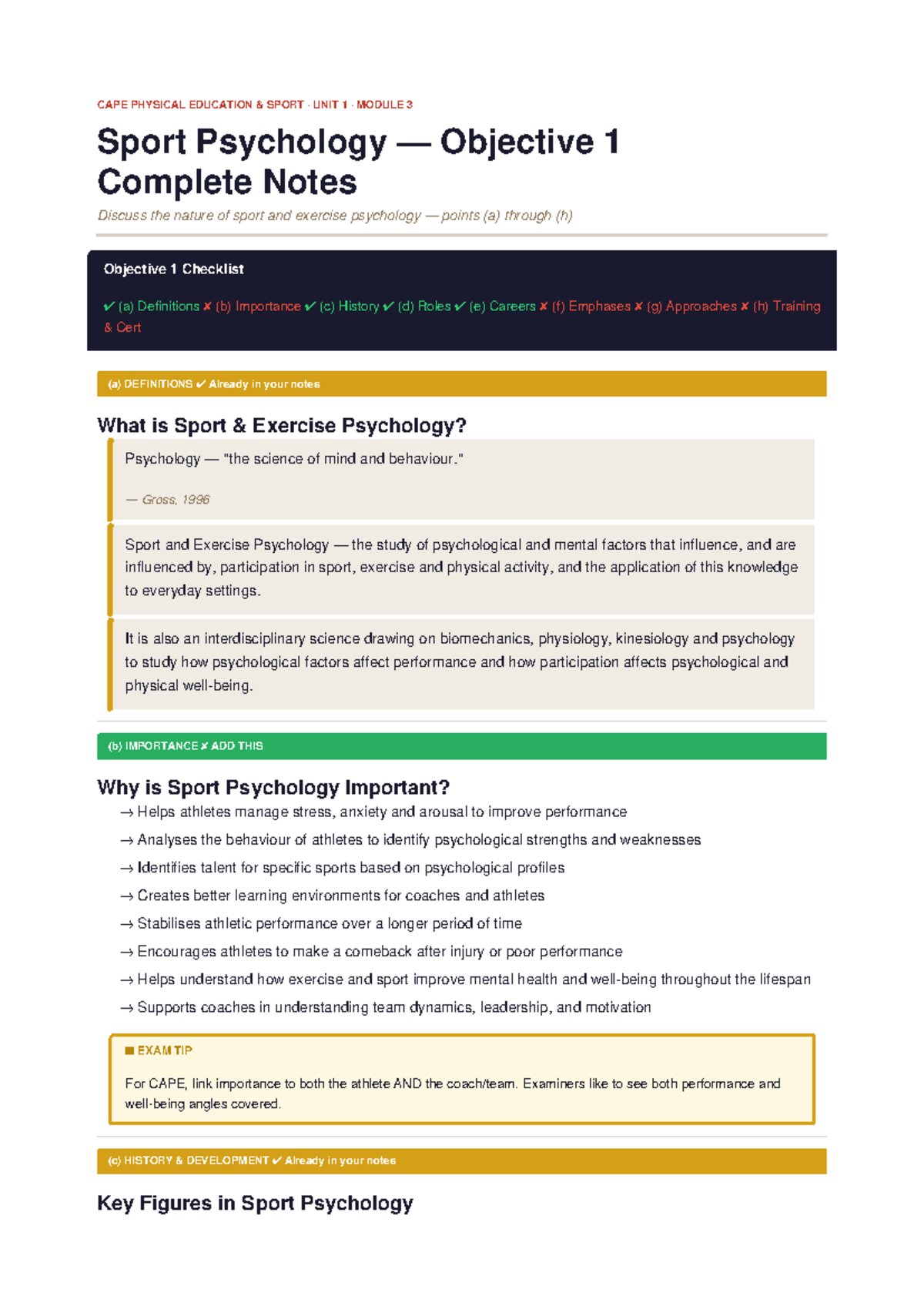 CAPE PHYSICAL EDUCATION UNIT 1 MODULE 3: Sport Psychology Notes - Studocu