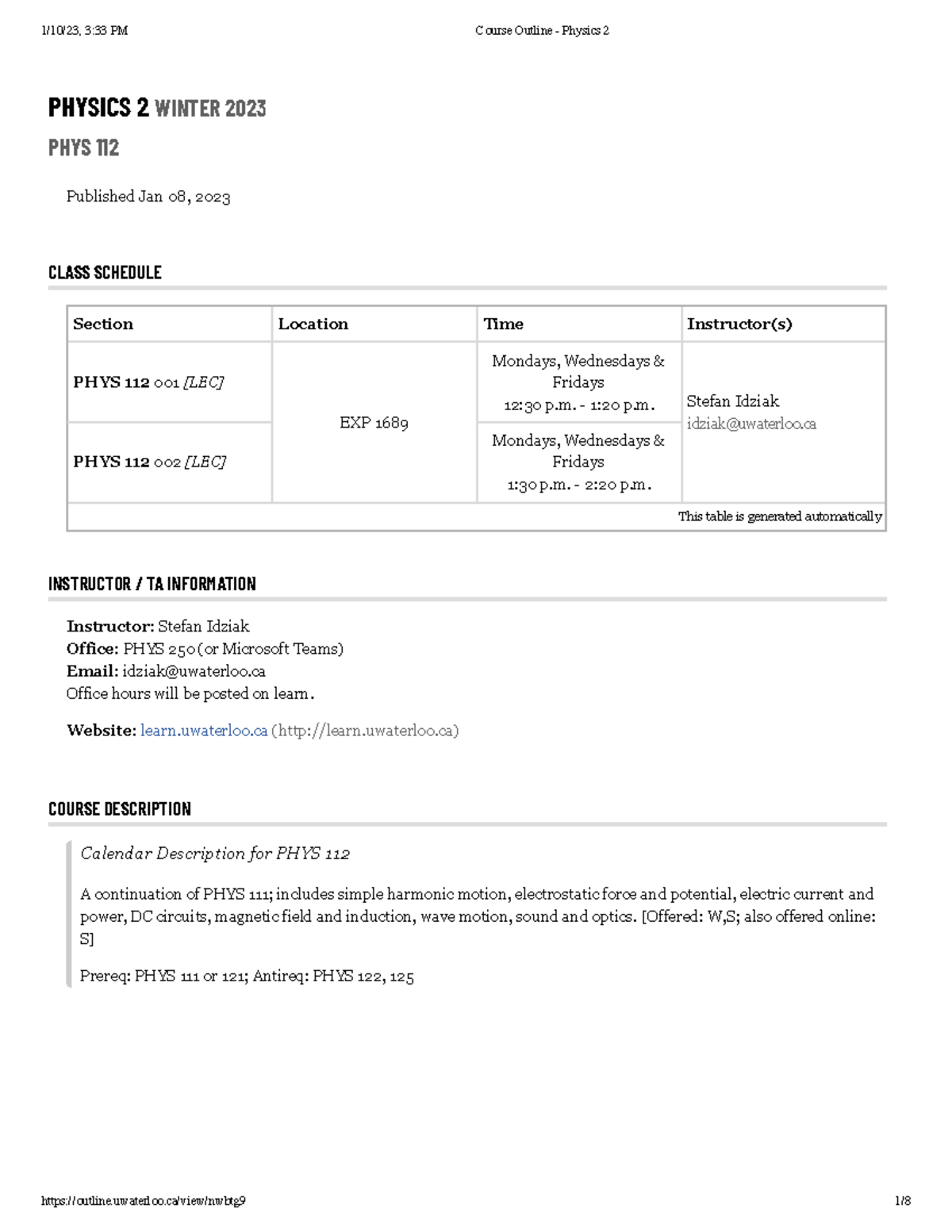 PHYS 112 Course Outline - Winter 2023 Physics 2 - Studocu