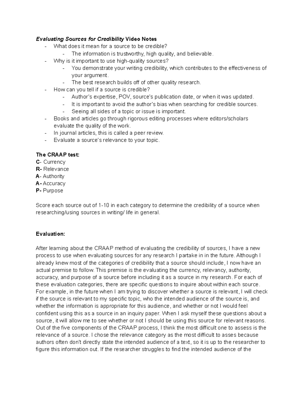 Evaluating Sources for Credibility: The CRAAP Test Notes - Studocu