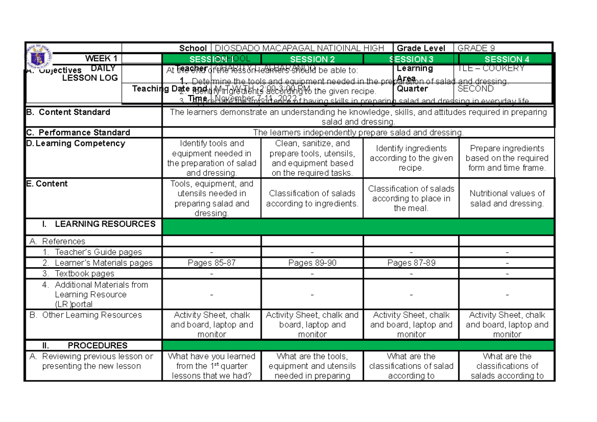 Week 1 - SESSION 1 SESSION 2 SESSION 3 SESSION 4 A. Objectives At the end of the lesson learners ...
