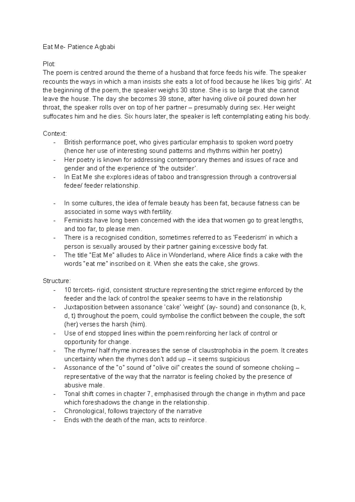Critical Analysis of "Eat Me" by Patience Agbabi (ENG 101) - Studocu