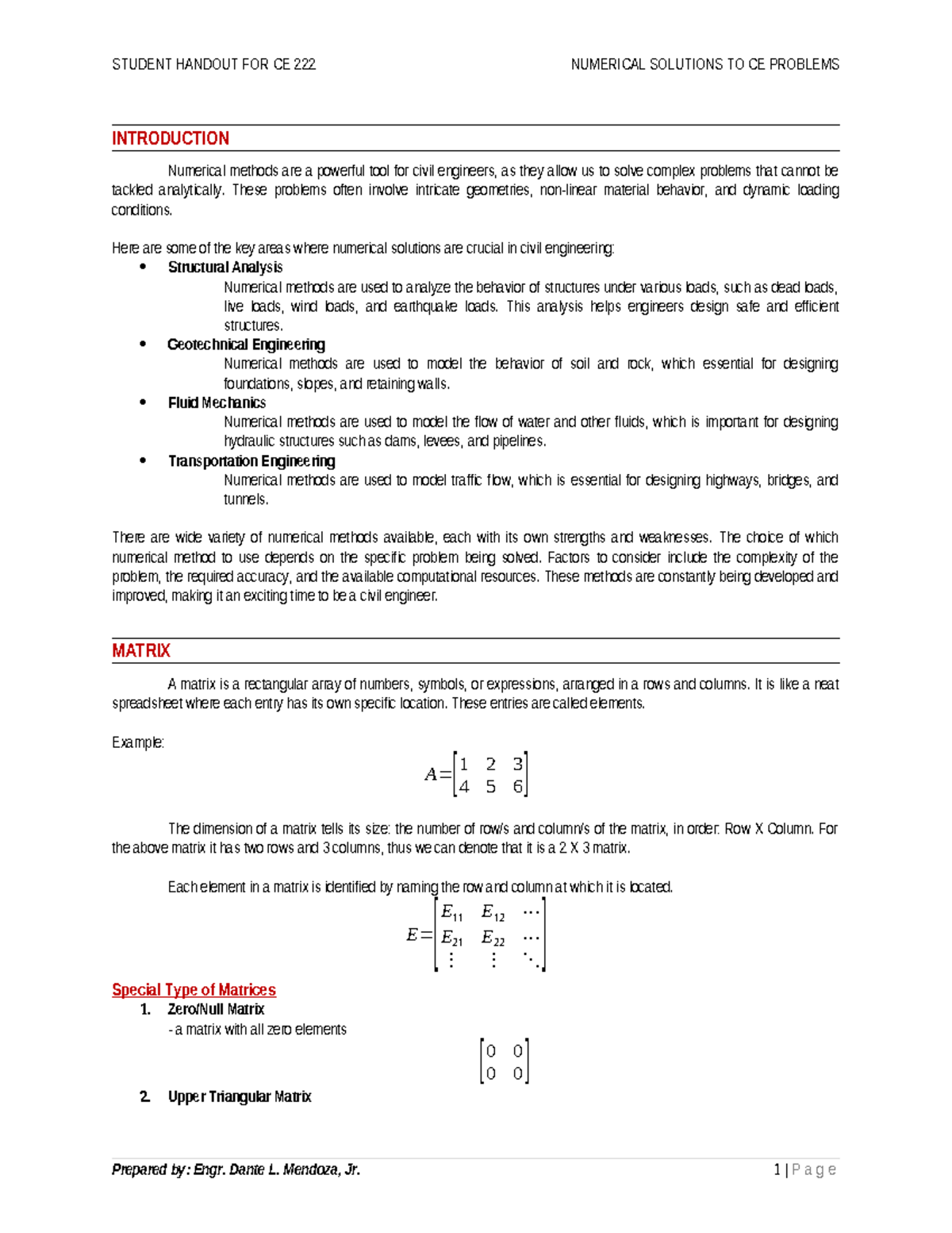 CE222 Handout - Numerical Methods and Matrix Solutions in CE - Studocu