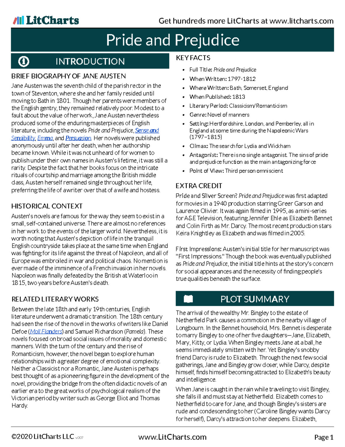 Pride and Prejudice (ENG 101) Comprehensive Lit Chart Summary - Studocu
