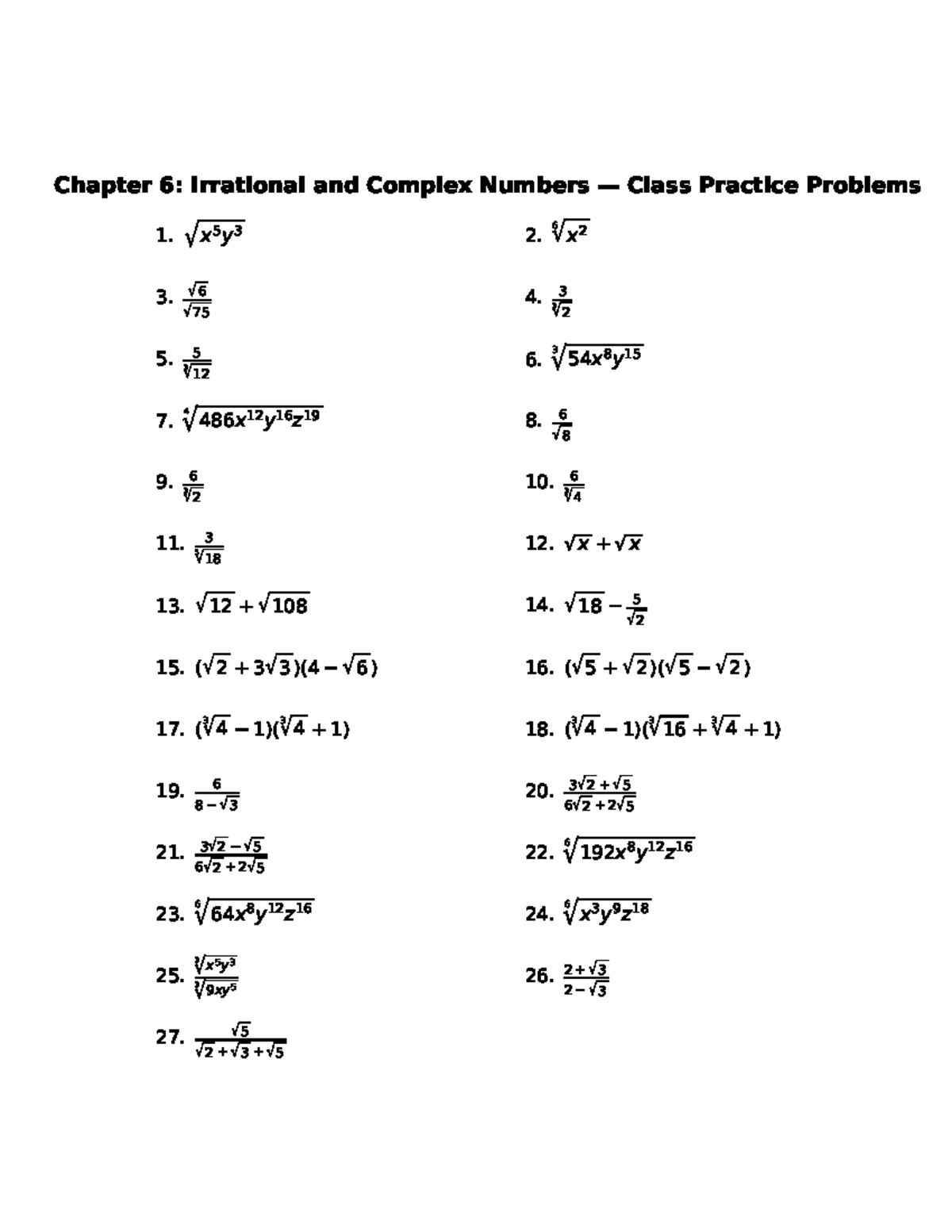 Chapter 6: Practice Problems on Irrational & Complex Numbers - Studocu