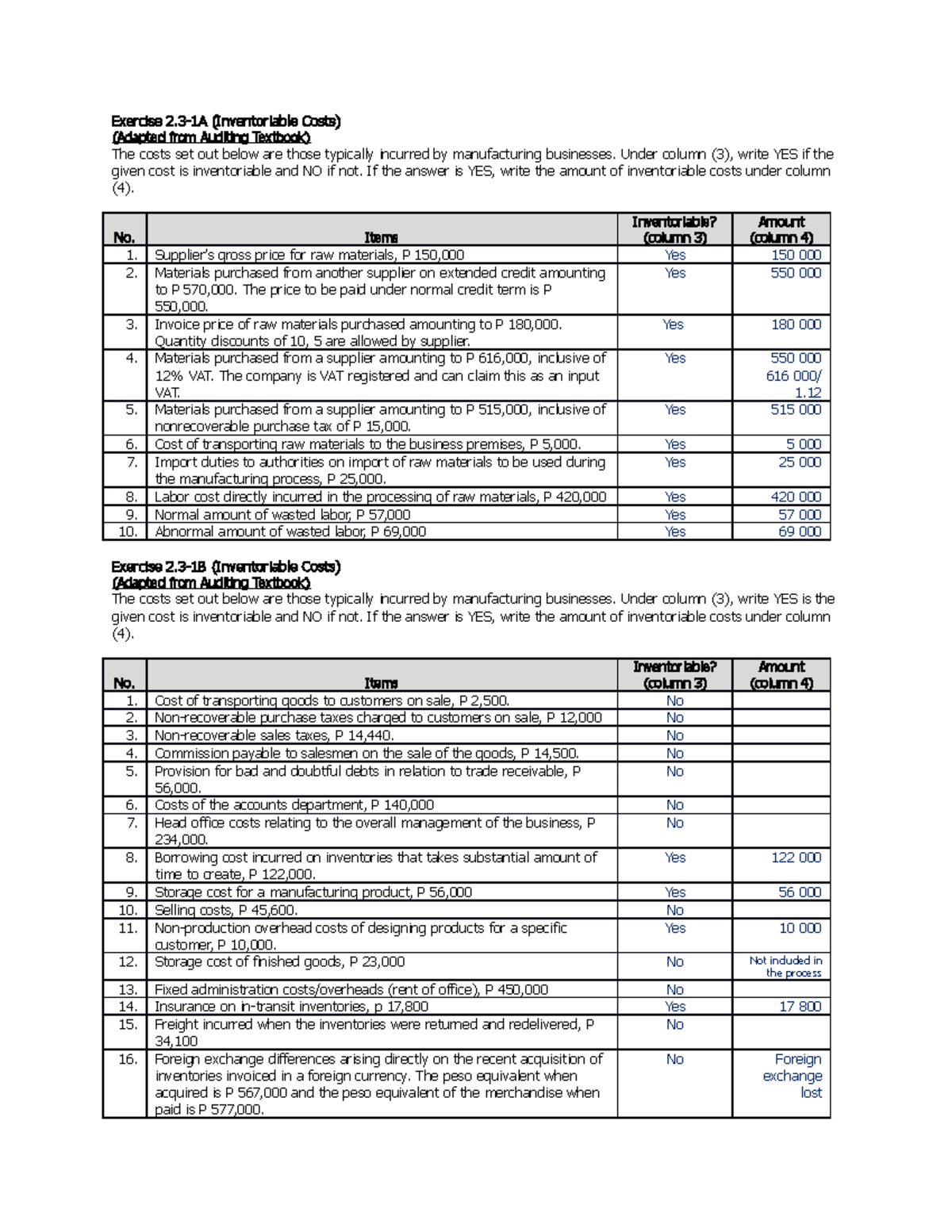 Inventory Exercises - Inventoriable Costs & Computation Methods - Studocu