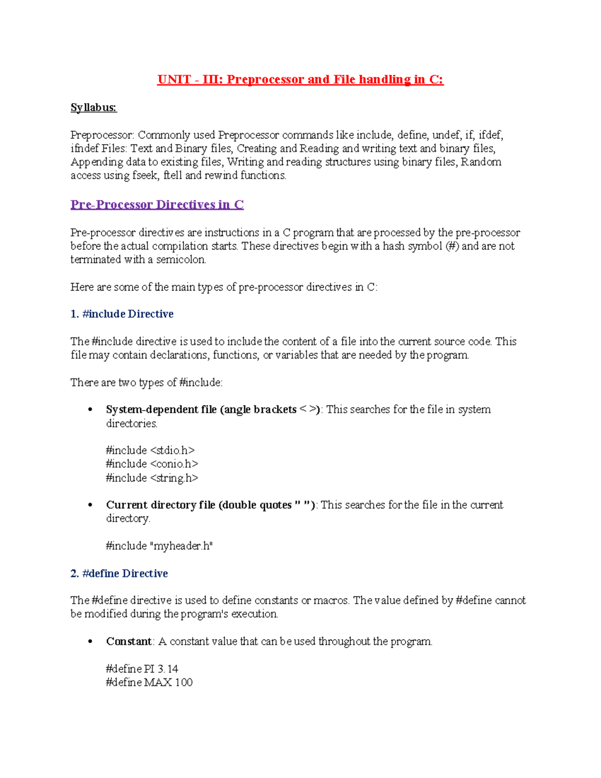 C Programming: Unit 3 - Preprocessor & File Handling Techniques - Studocu
