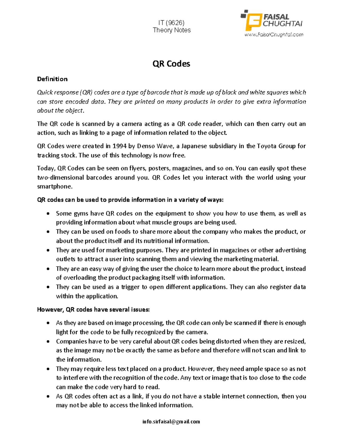QR Codes - Lecture notes for IT A LEVELS - IT (9626) Theory Notes info ...