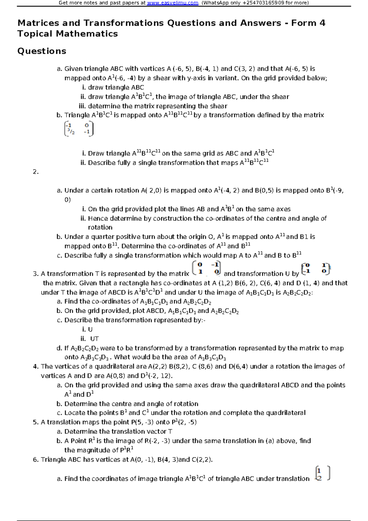 Matrices and Transformations Questions and Answers - Form 4 Topical ...