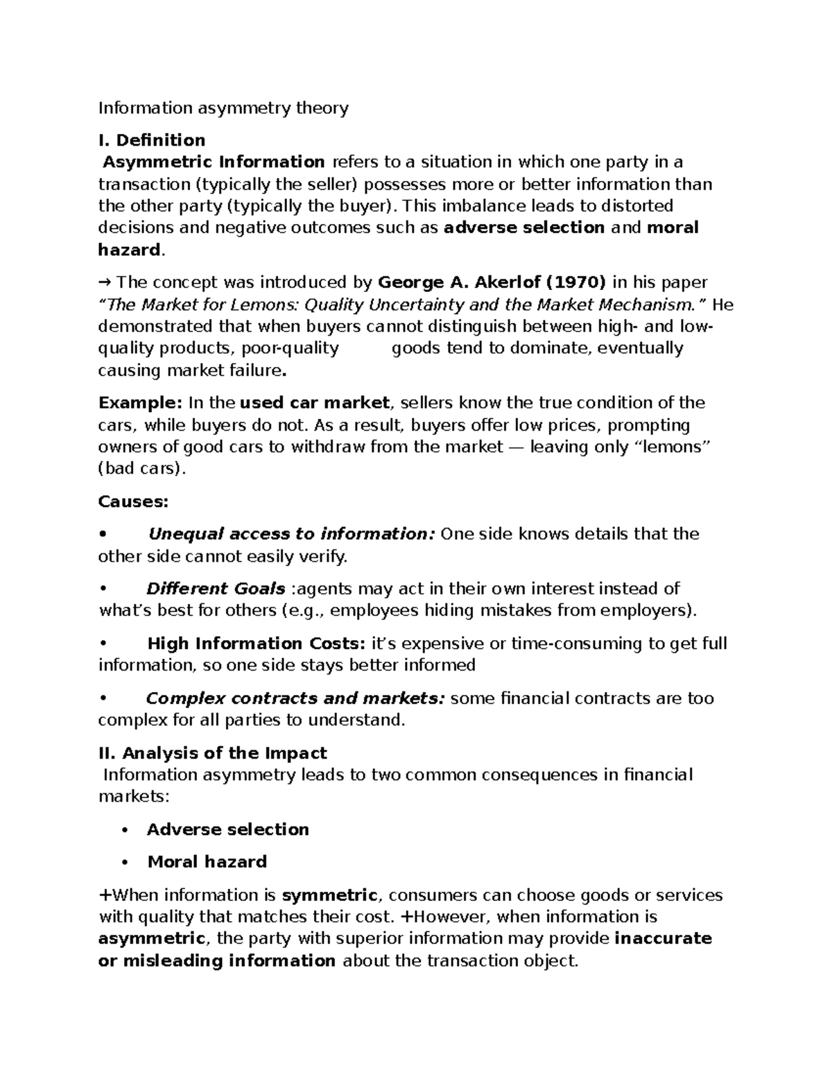 Information Asymmetry Theory: Concepts & Impacts in Finance - Studocu