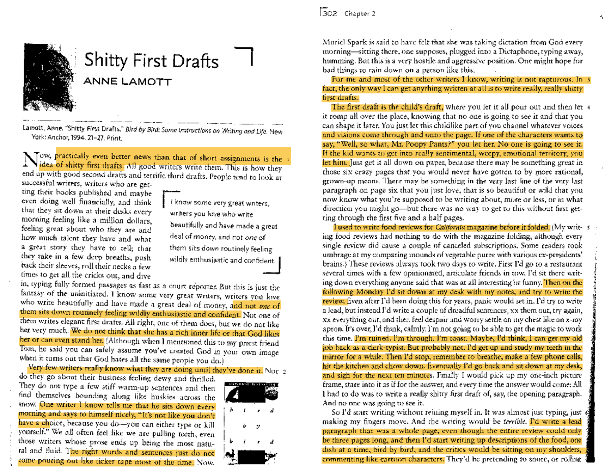 Shitty 1st Drafts - 1302 Chapter 2 Shitty First Drafts ANNE LAMOTT _ lamott, Anne. First Bird ...