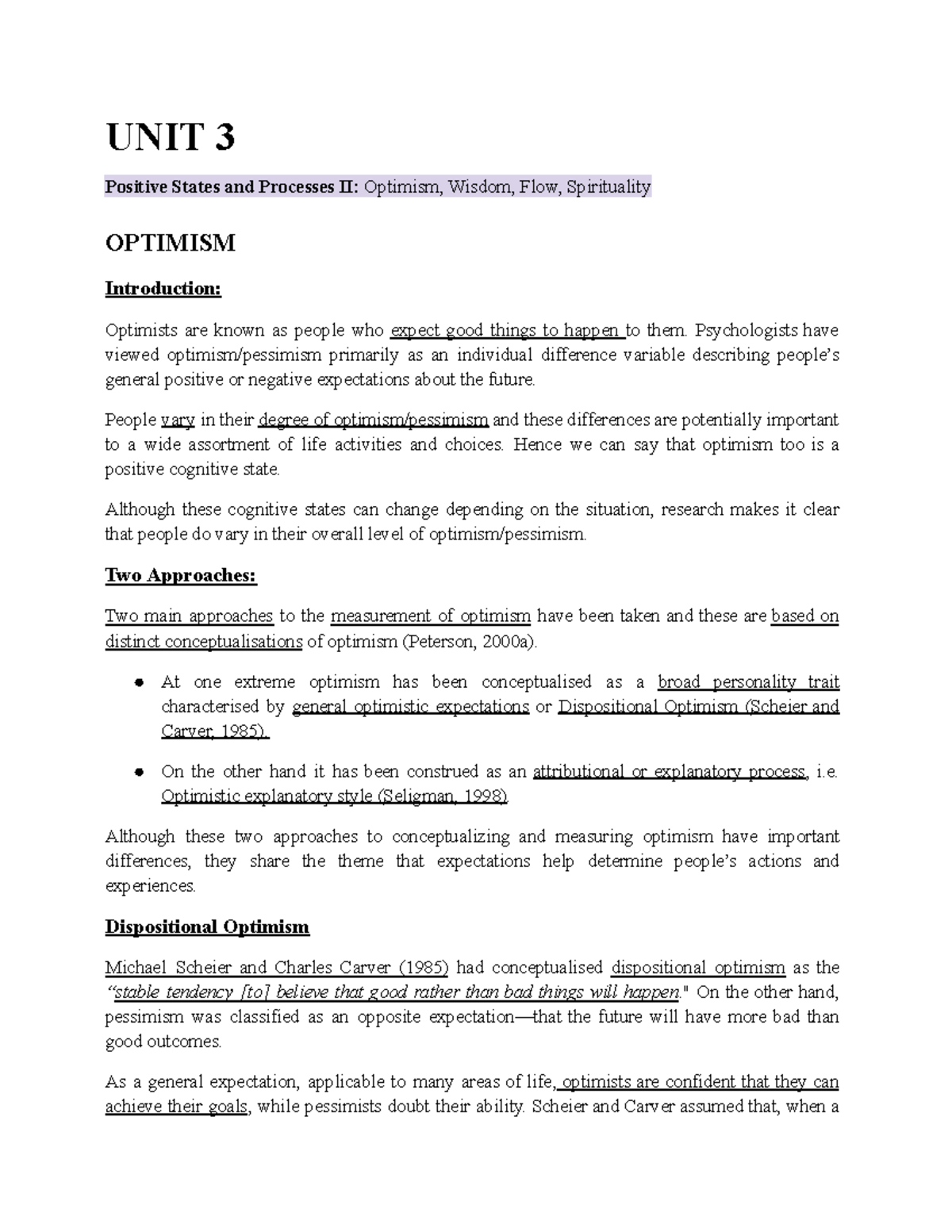 PP UNIT 3 - Positive Psychology: Optimism, Wisdom, and Flow Notes - Studocu