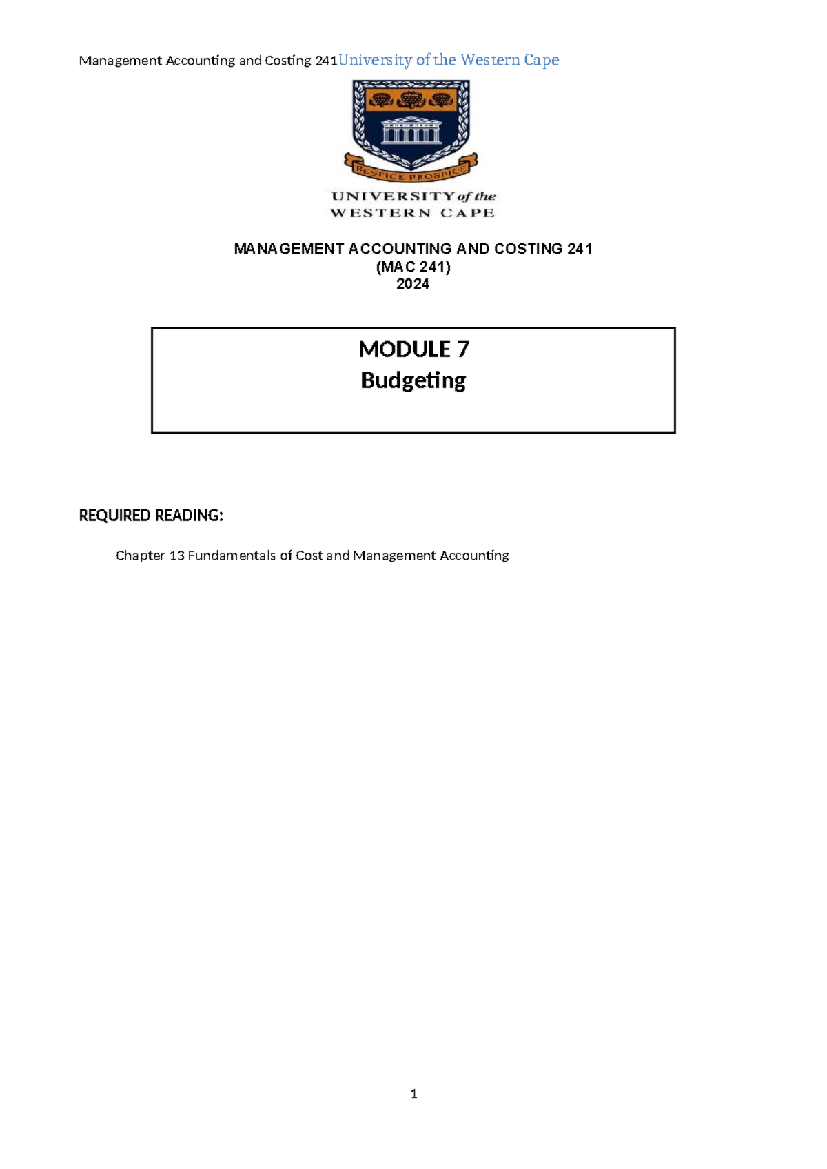 MAC 241 2024 Management Accounting Module 7 Budgeting Notes - Studocu