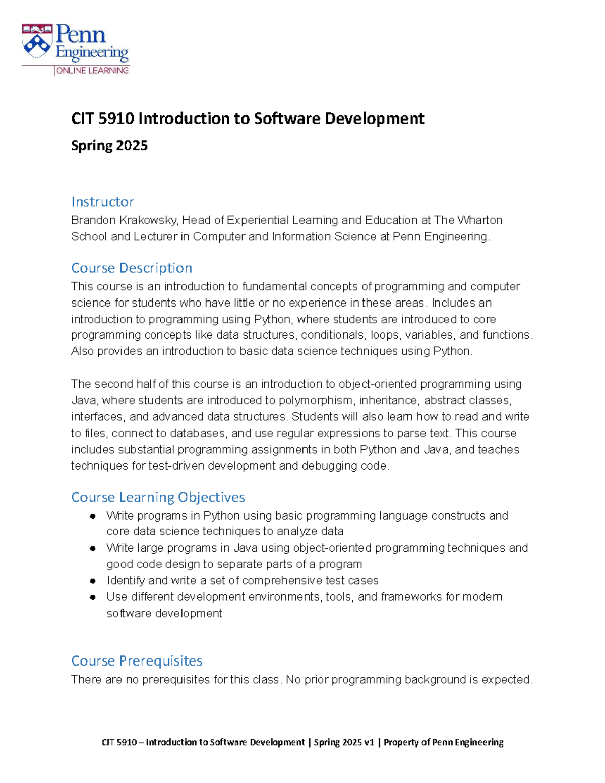 CIT 5910 - Introduction to Software Development Syllabus Spring 2025 - Studocu