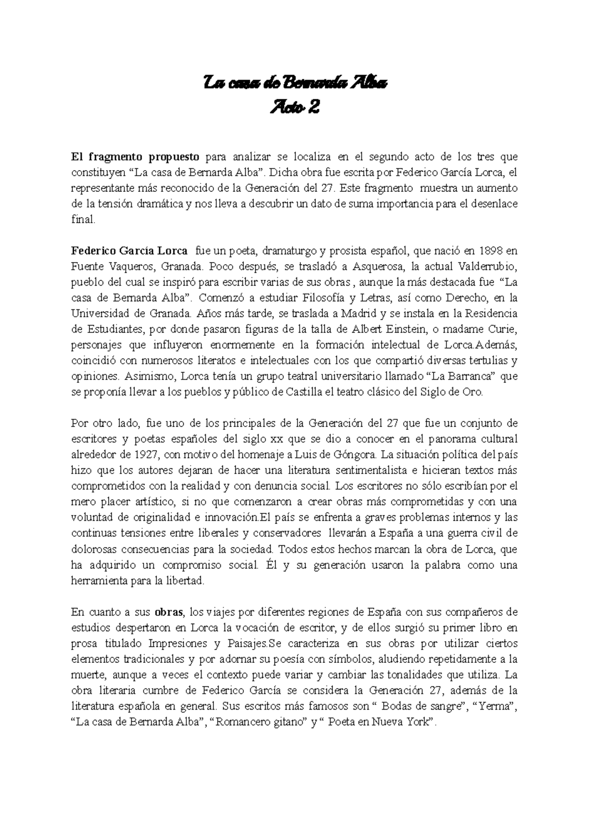 Análisis de Acto 2 de La casa de Bernarda Alba - 2º Acto - Studocu