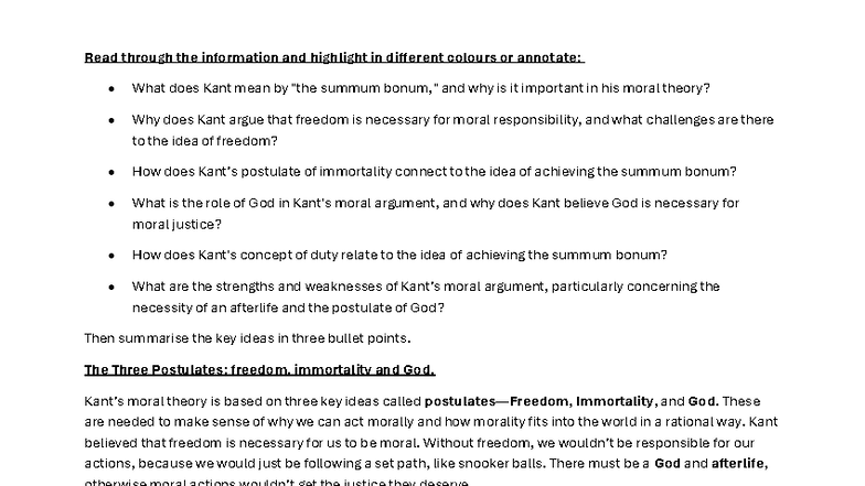 Kant's Moral Theory: Freedom, Immortality, and God (PRE) - Studocu