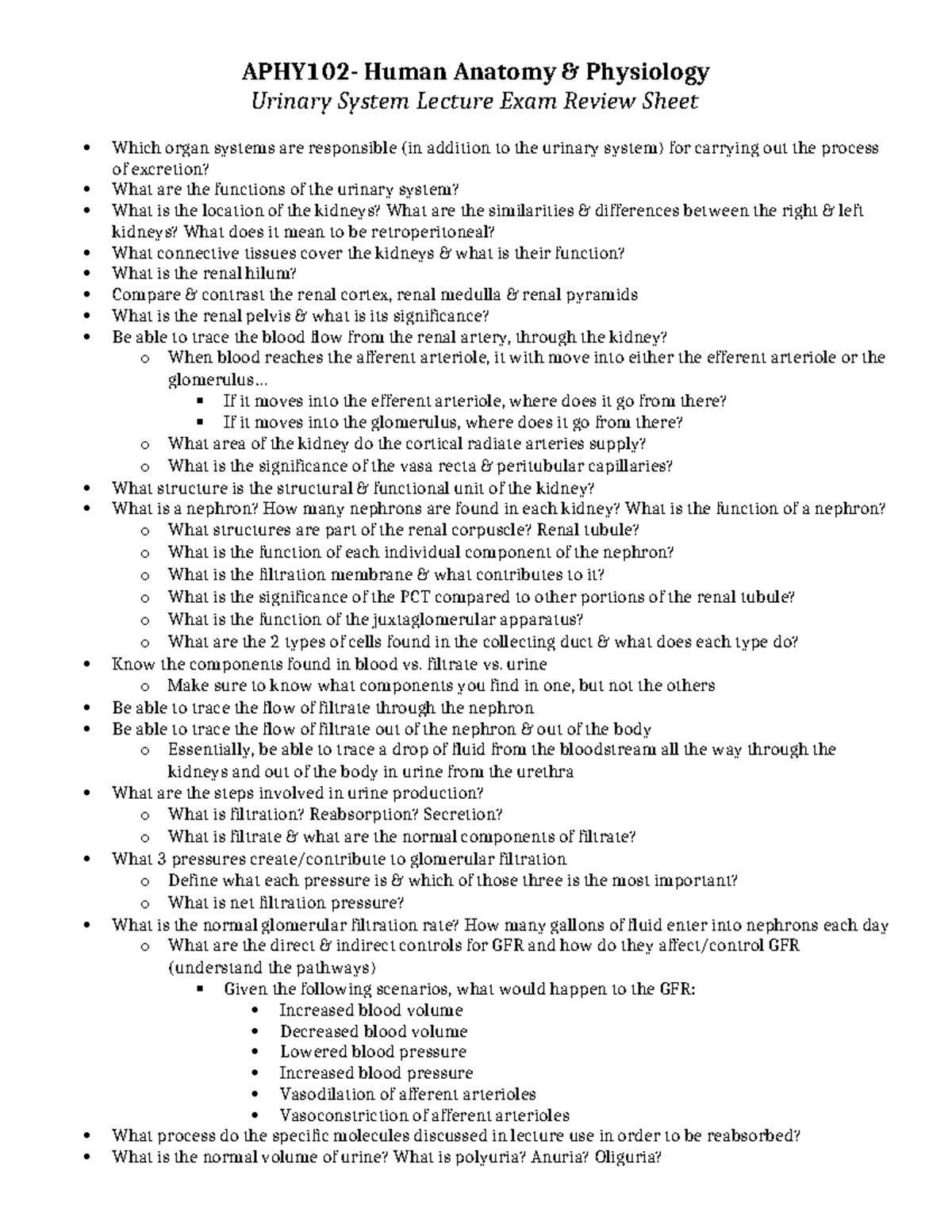 Urinary System Lecture Exam Review Sheet (BIO 101) - Studocu