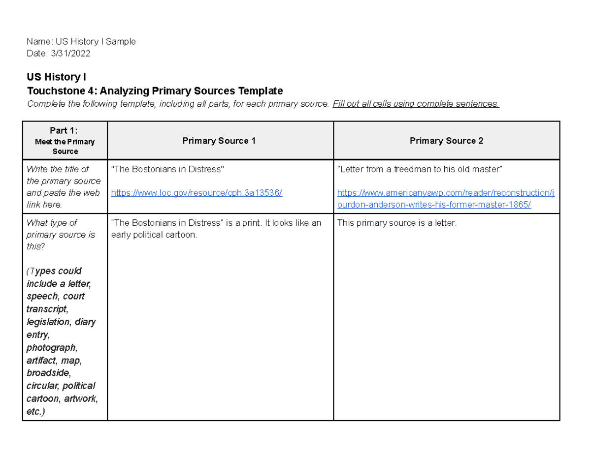 US History I Touchstone 4: Primary Sources Analysis Template - Studocu