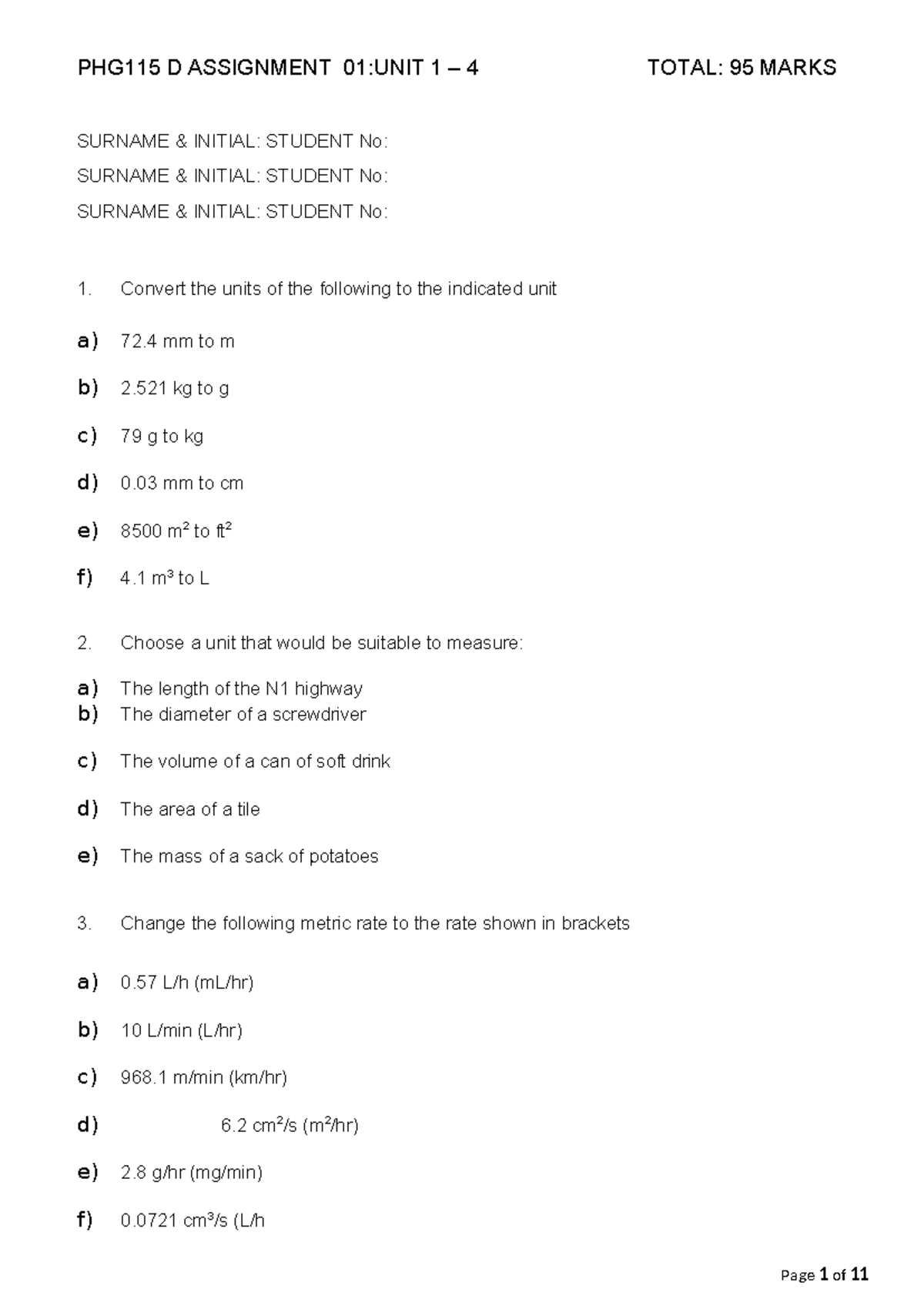 PHG115 D - Assignment 01: Unit Conversions and Problem Solving - Studocu