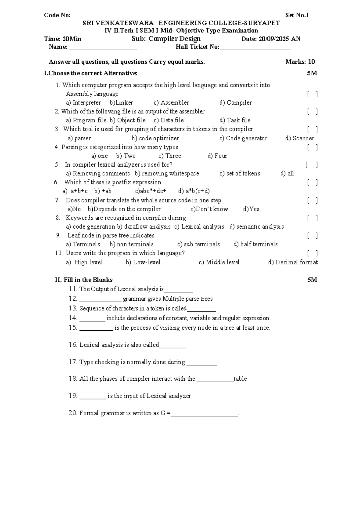 Code No: Set No.1 & 2 Midterm Quiz - Compiler Design IV B.Tech I SEM - Studocu