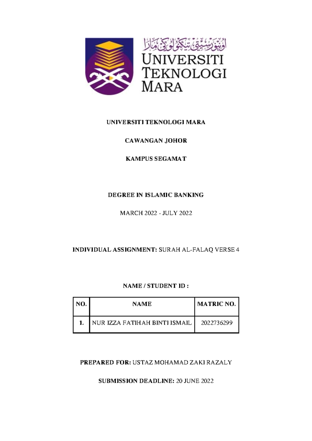 Individual Assignment ISB539 - UNIVERSITI TEKNOLOGI MARA CAWANGAN JOHOR ...